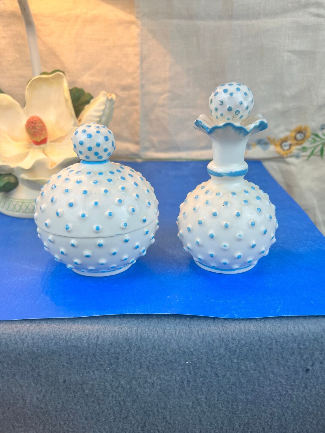Vintage Blue & White Milk Glass Hobnail Perfume Bottle With Matching ...