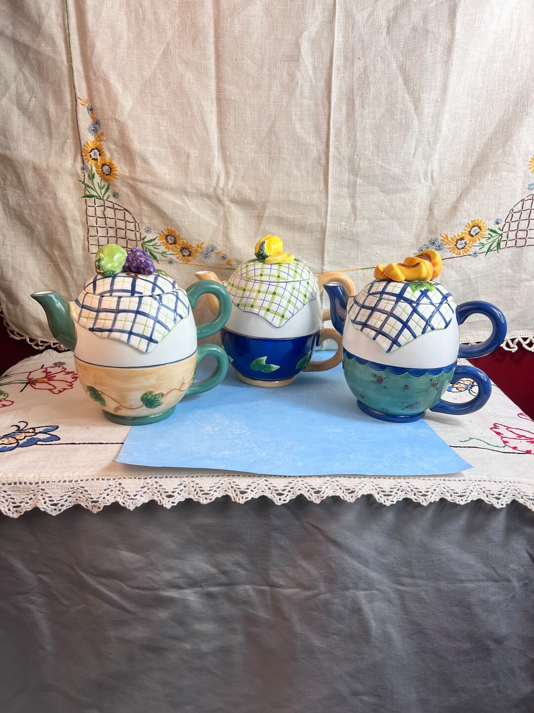 Vintage Bella Casa by Ganz Pear/grape/peaches With Plaid Tea-for-one ...