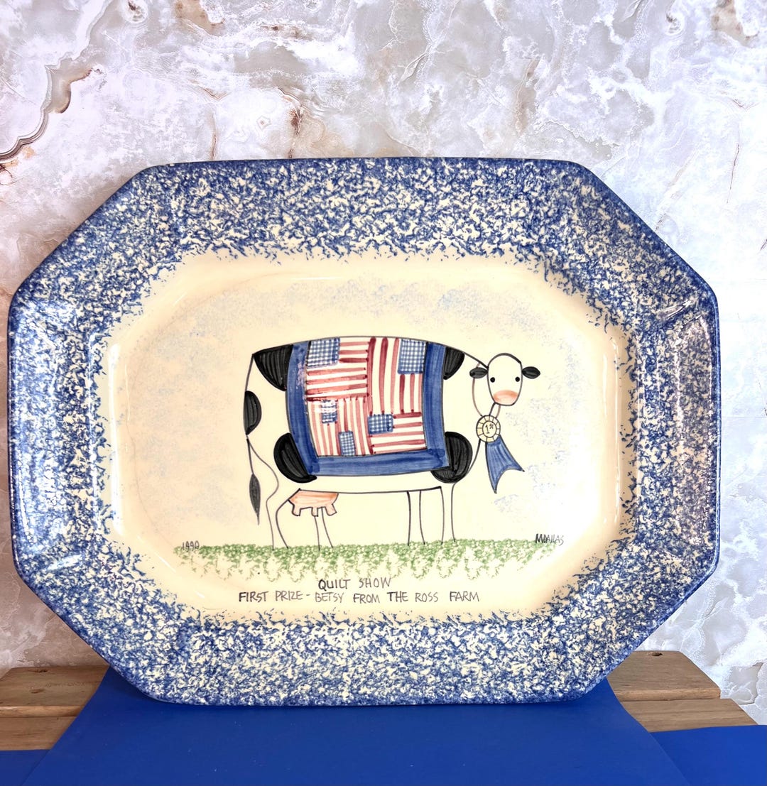 Molly Dallas Cows Blue Spatterware Platter~ “quilt Show~first Prize ...