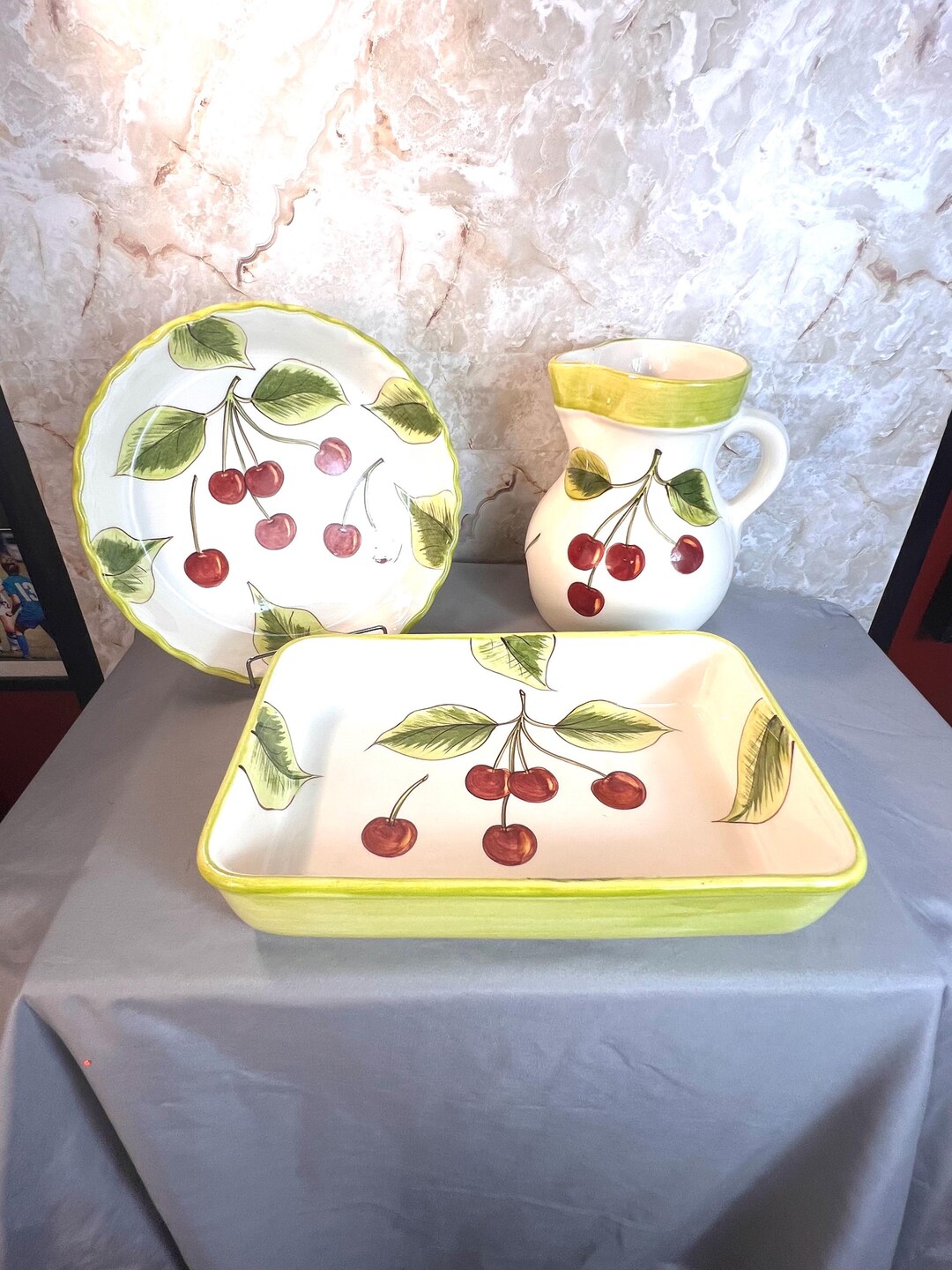 Laura Gates Ceramic Cherry Pattern Pitcher, Casserole Dish, Quiche/pie ...