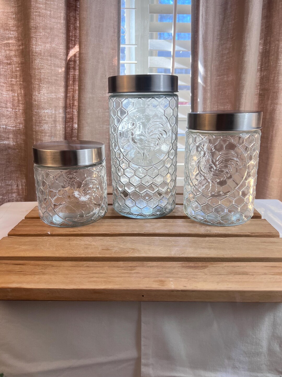 Set of 3 Chicken Wire Clear Glass Canisters/jars~embossed Rooster ...