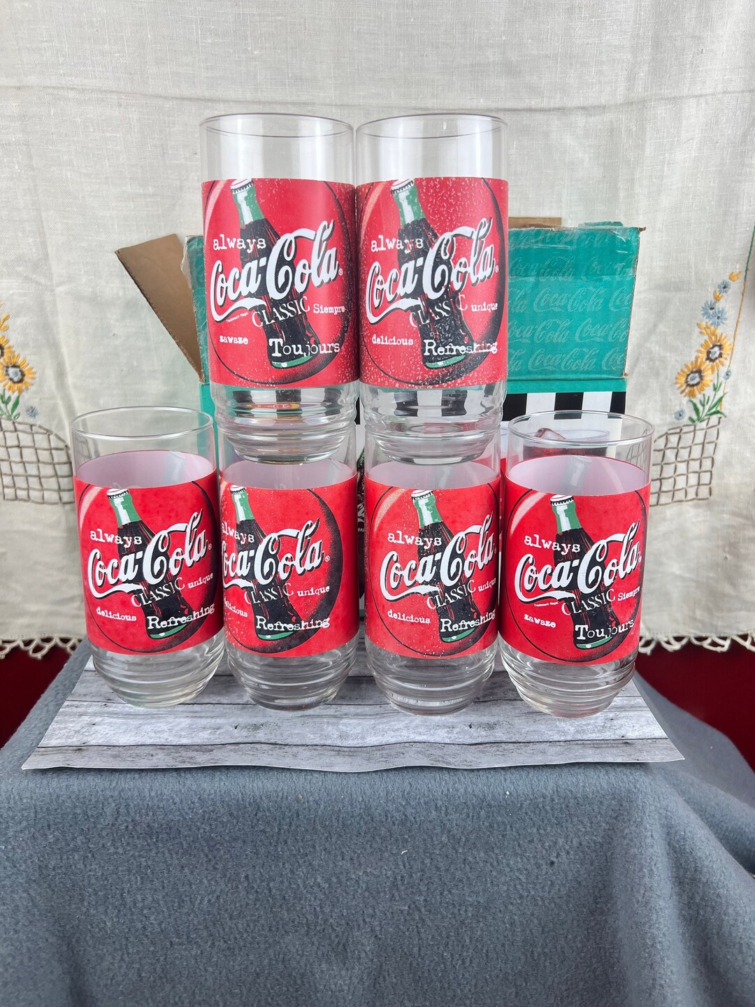 Set of 6 Vintage Colorful Coca Cola Beverage Glasses~drinking Glasses ...