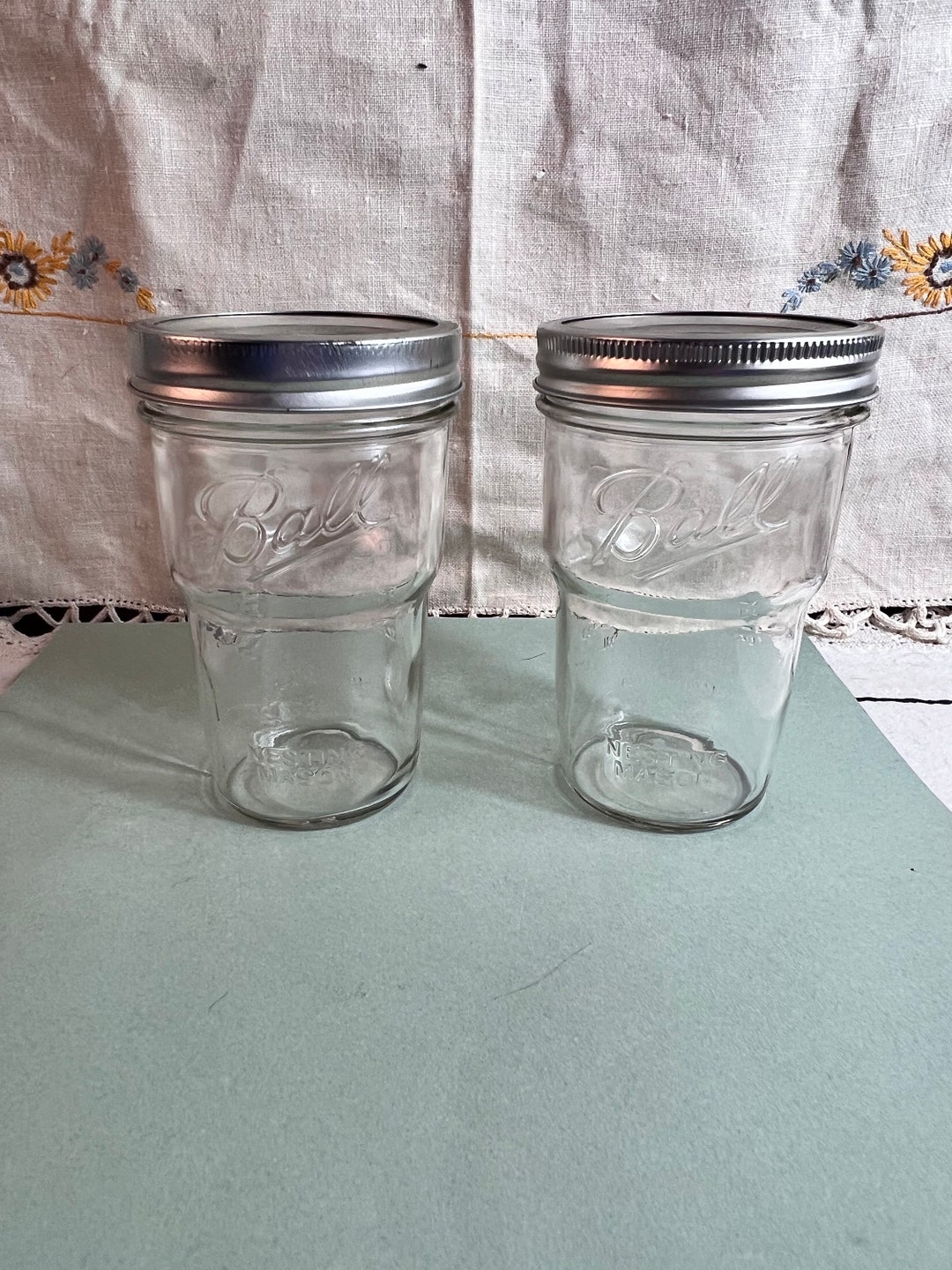 Set of 2 Ball Nesting Mason Jar Set Drinking Glasses Wide Mouth Pint 16 ...