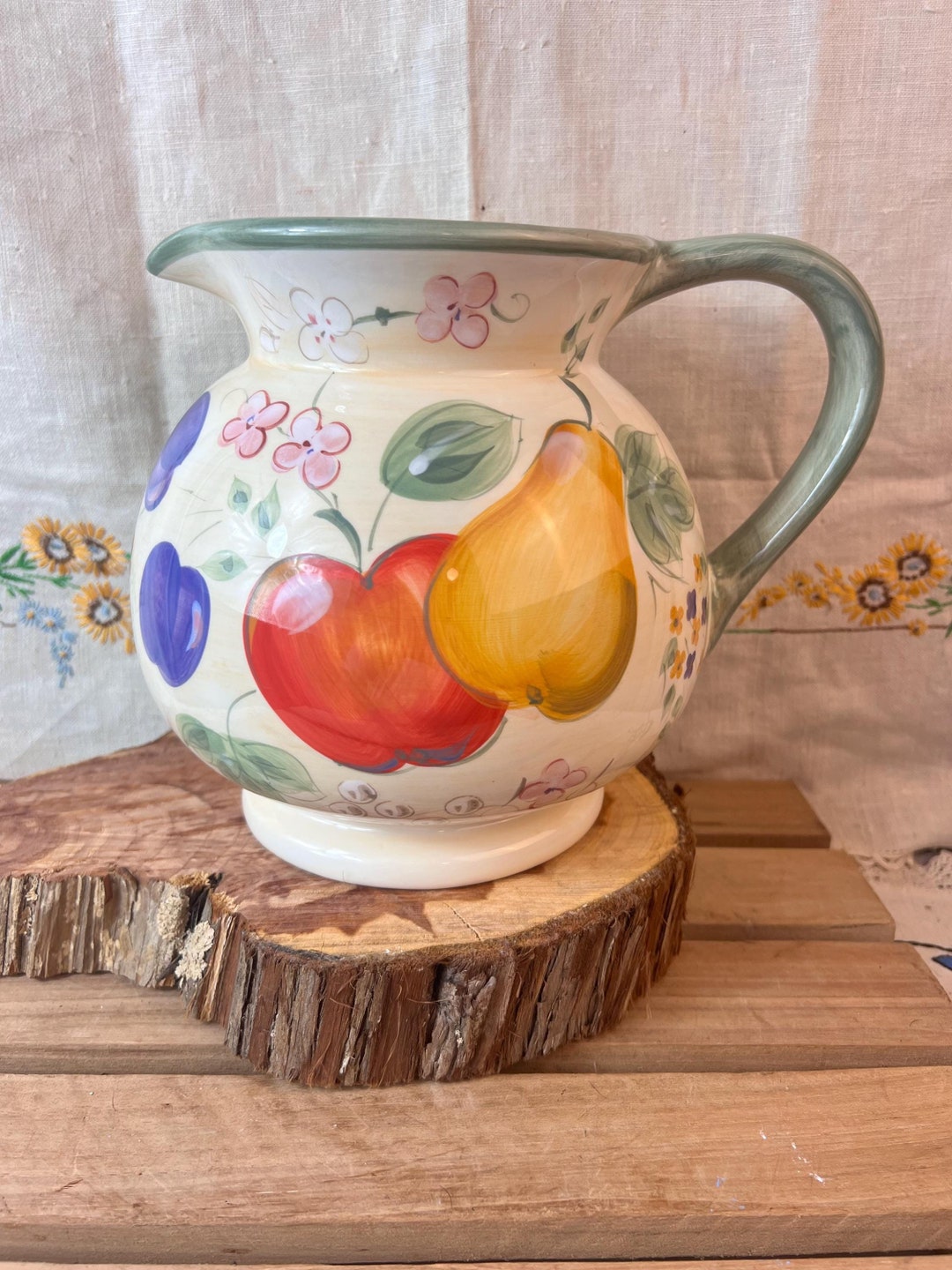 Vintage Gibson Home Stoneware Large Ceramic Pitcher fruit Grove Pattern ...