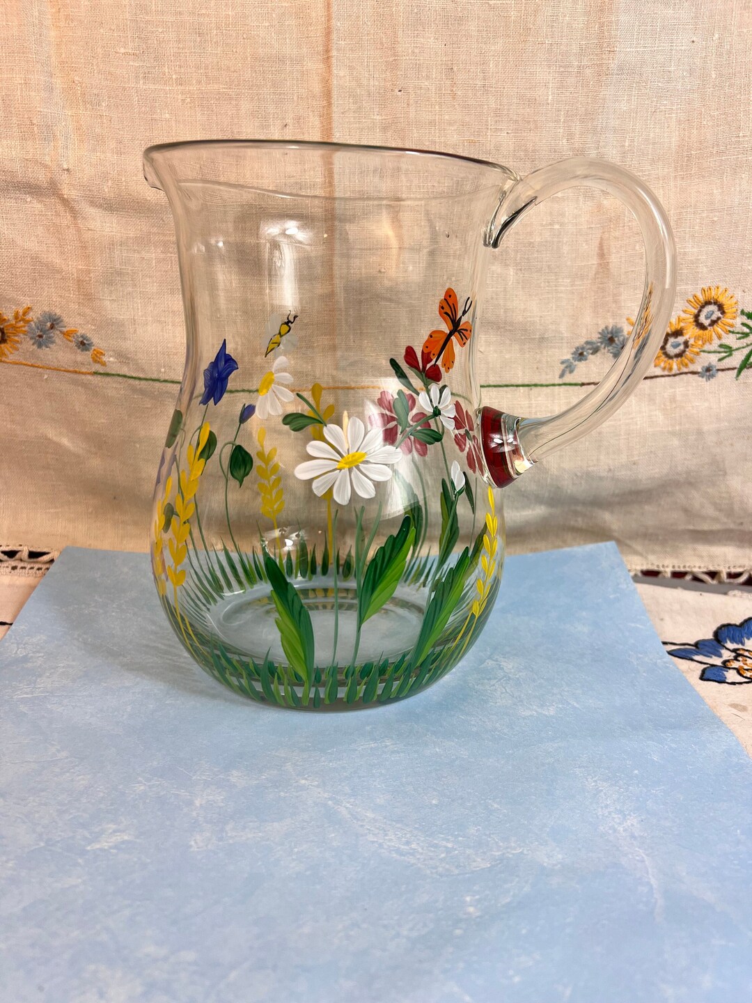 Vintage Hand Painted Glass Pitcher With Flowers, Butterflies, and a ...