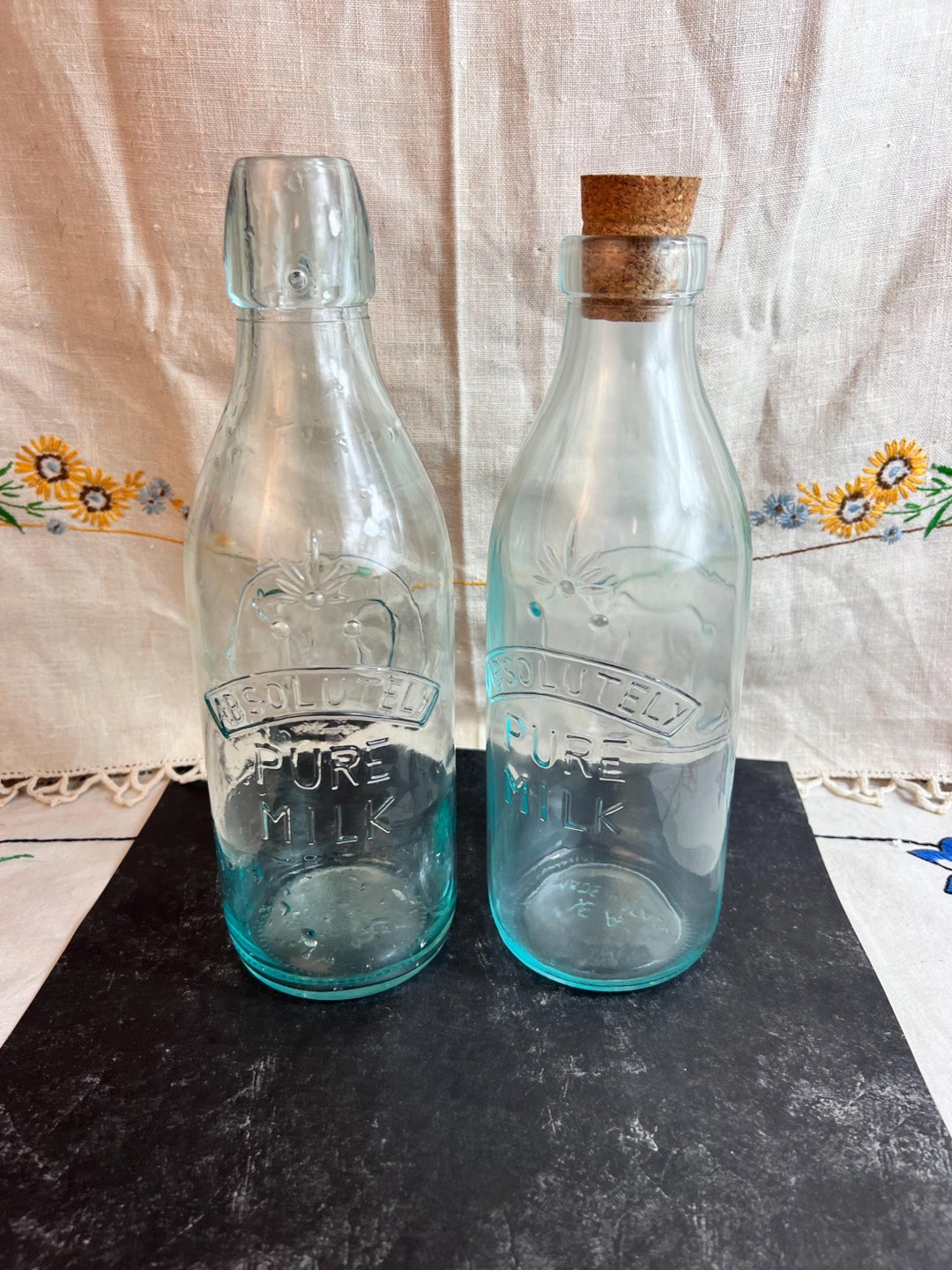 VINTAGE Absolutely Pure Milk Glass Bottle With Embossed Cow~aqua Blue~2 ...