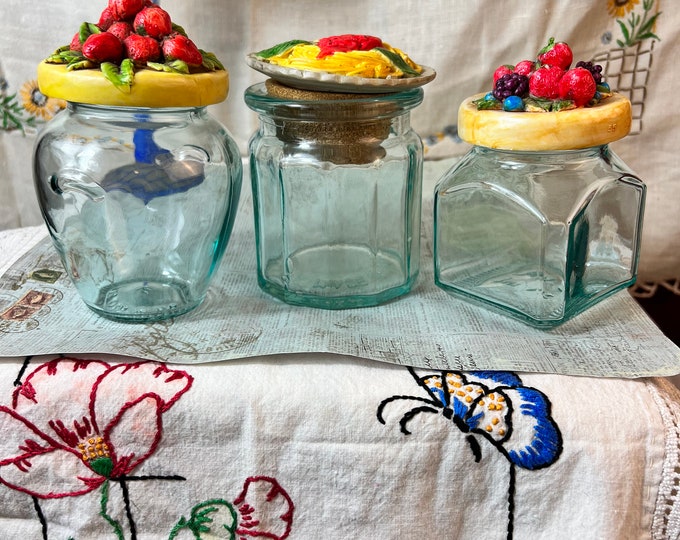 Set of 3 Vintage Glass Jars Made in Italy/ Molded Fruit Lids and Flower ...