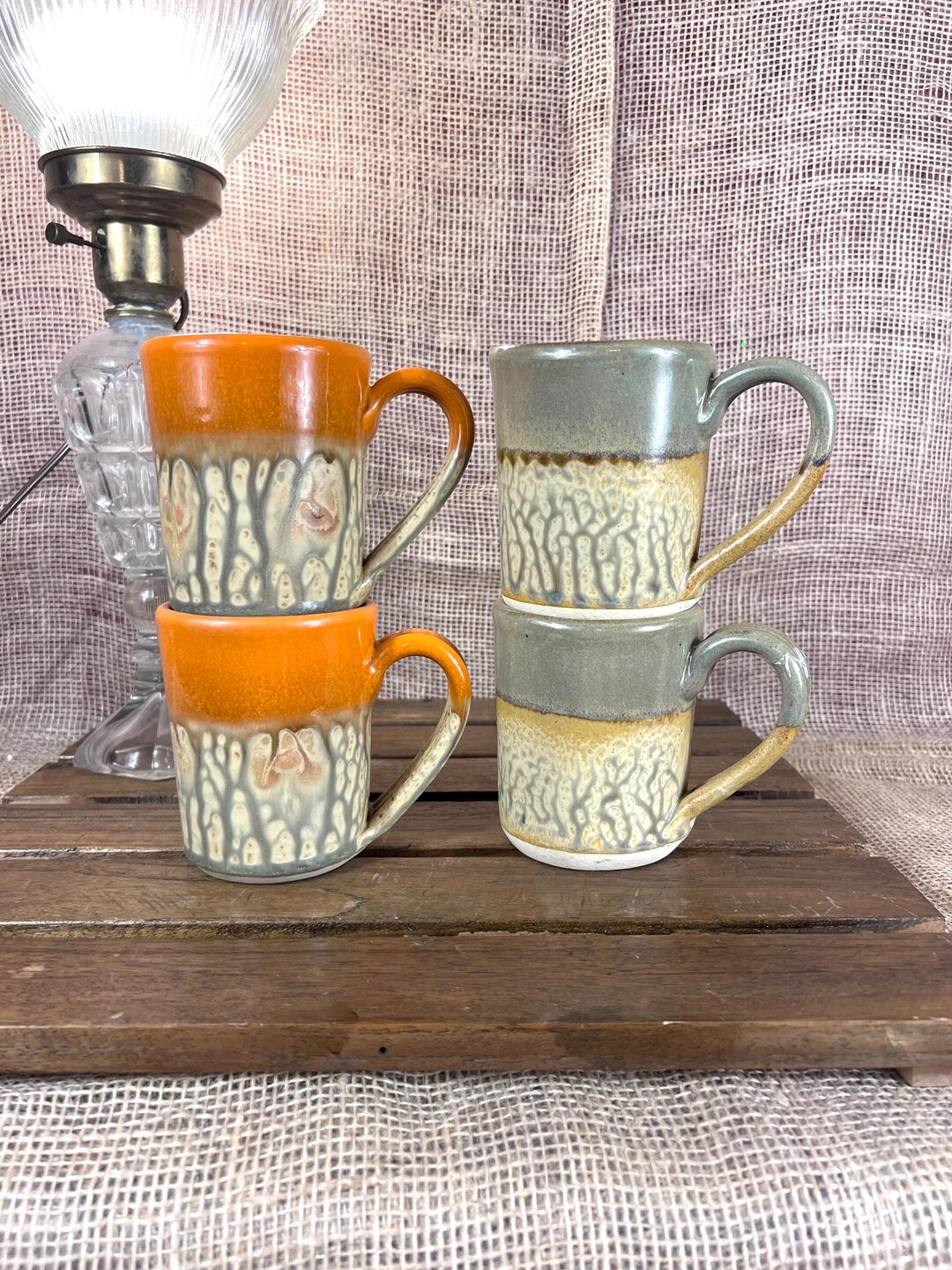 Set of 4 DK Clay Studio Art Pottery Coffee Mugs~orange/brown Drip Glaze ...