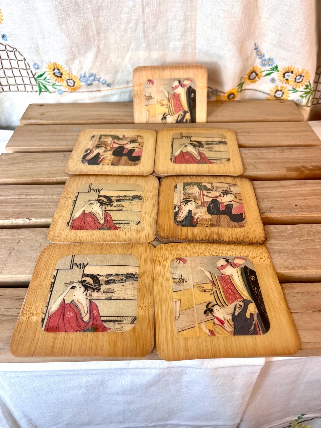 Set of 7 Japanese Bamboo Coaster Set~square~3 Different Geisha Designs ...