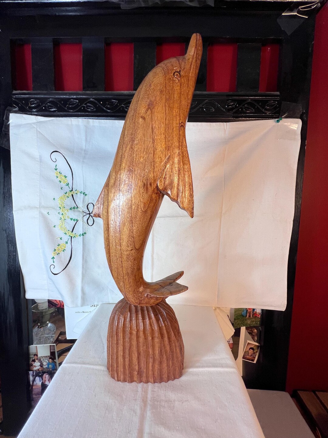 Hand Carved Dolphin Wooden Sculpture in a Leaping Pose~wave Like Base ...
