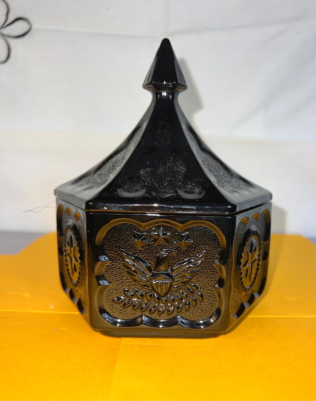 Tiara Indiana Glass Colonial Candy Dish With Lid, Eagle & Star, Black ...