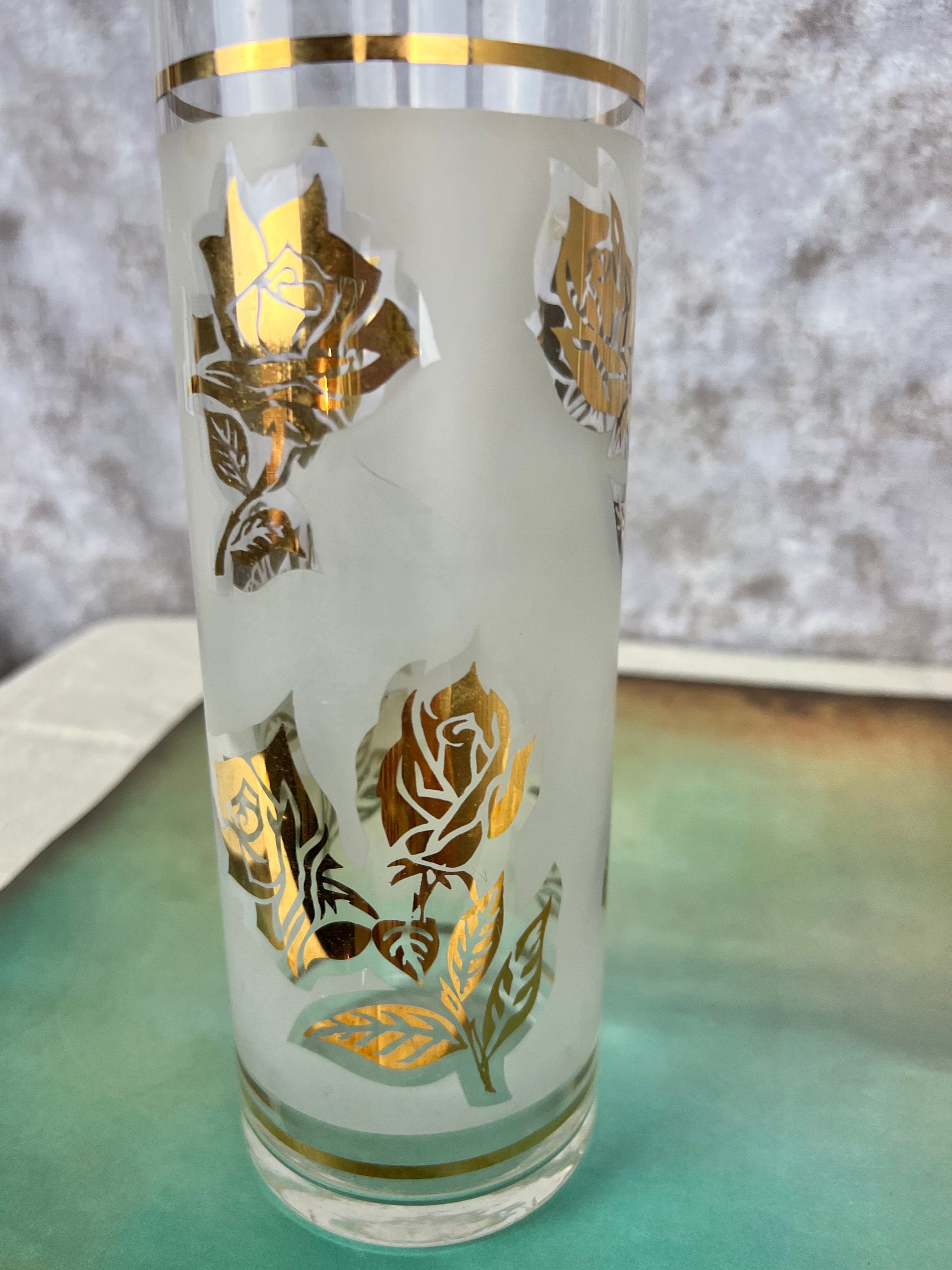 Mid Century Mod Vintage Gold Roses Frosted Tall - Etsy