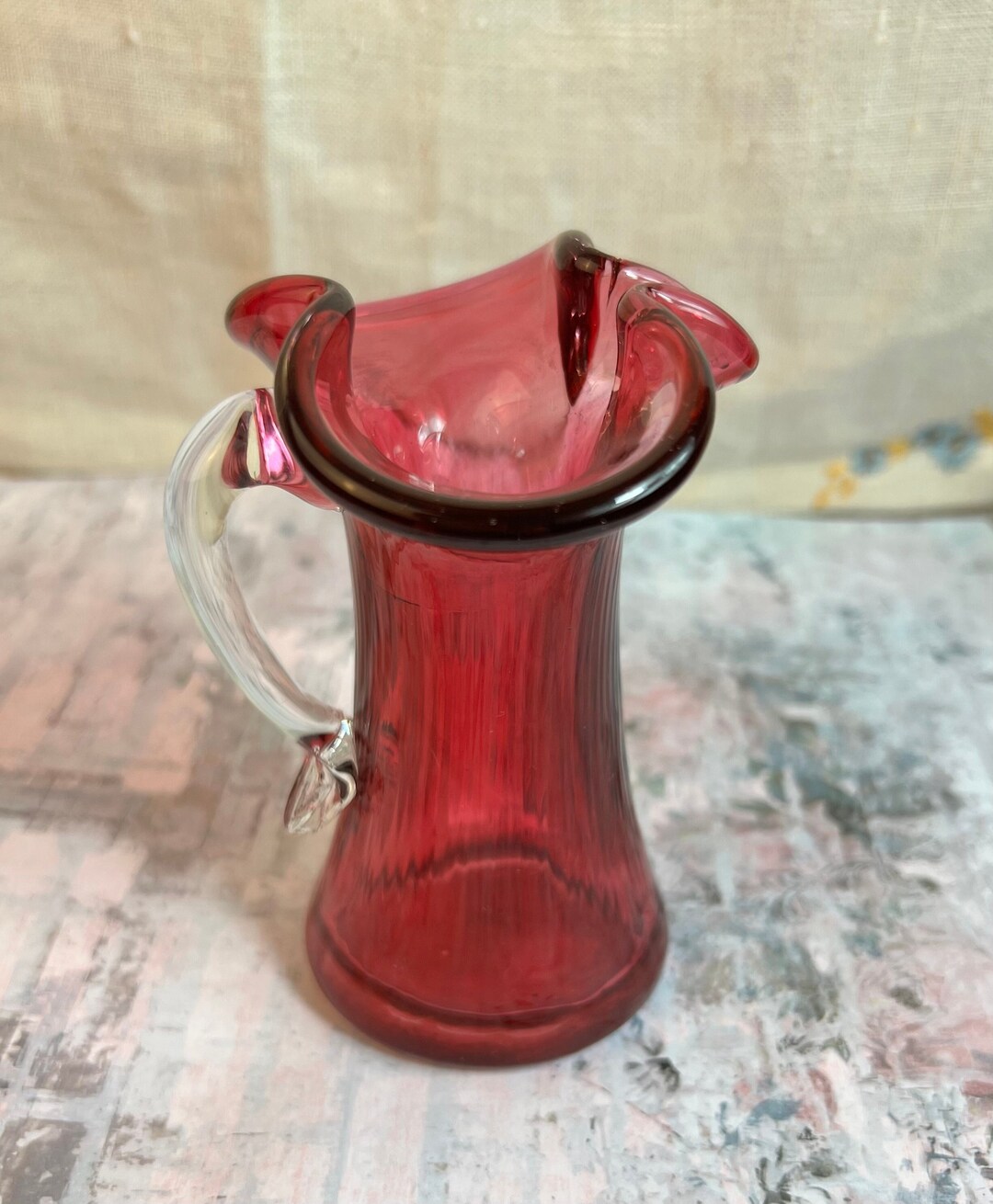 Vintage MCM Cranberry Glass Pitcher, Cranberry Glass With Ornate ...