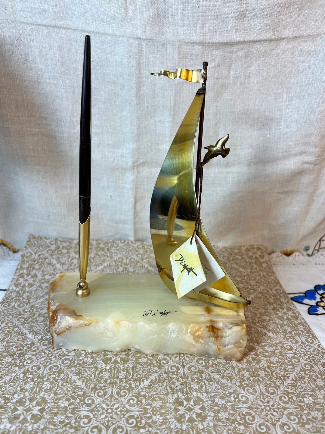 Signed Demott Brass Sailboat Sculpture Pen Holder on Quartz - Etsy