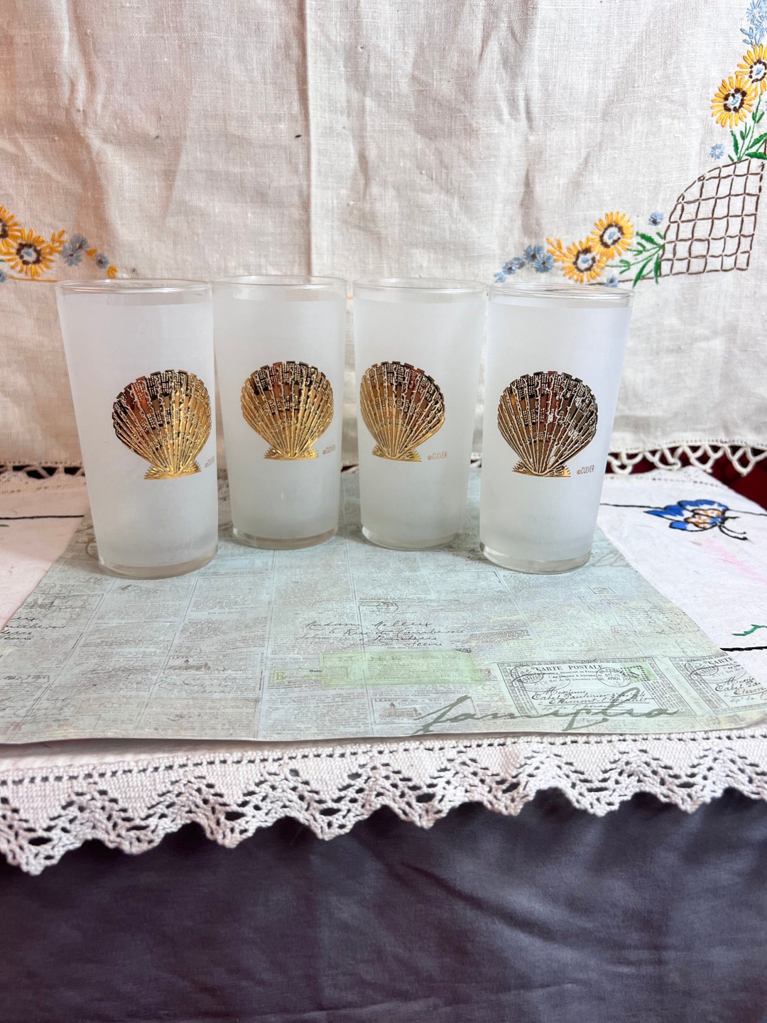 Set of 4 Culver 22k Gold Frosted Shell Glasses Scallop Shell - Highball ...