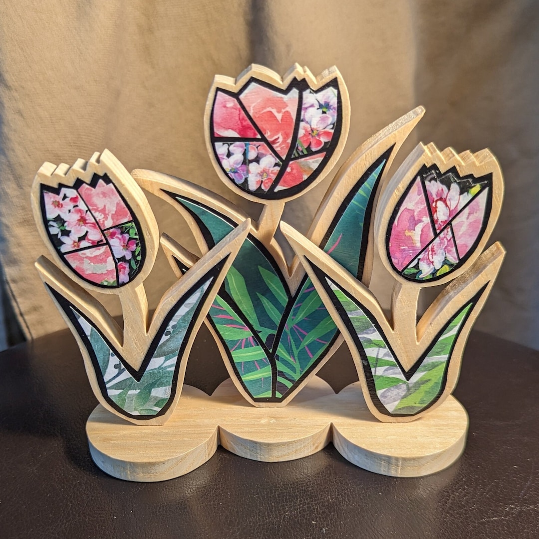 Three Tulips Figurine in Solid Ash, Caringly Decoupaged by Noelle - Etsy