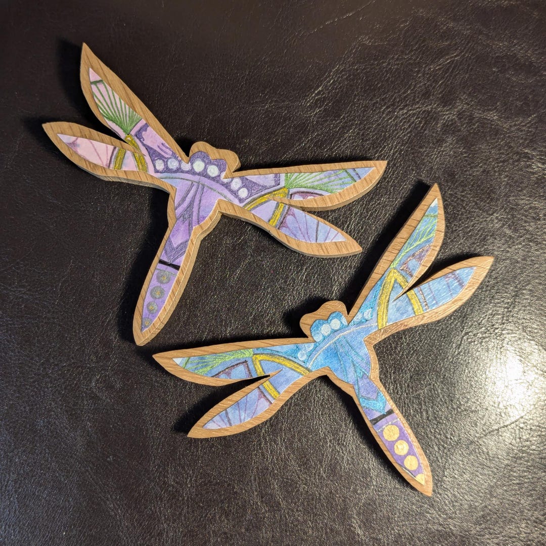 Two Dragonfly Magnets in Solid Red Oak - Set Includes Both Pieces ...