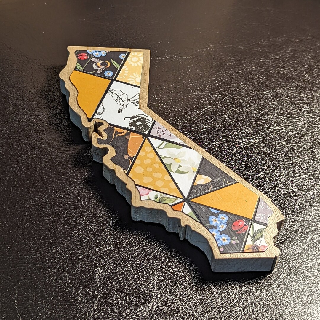 California Magnet in Solid Hardwood, Decoupaged With Bees, Flowers and ...