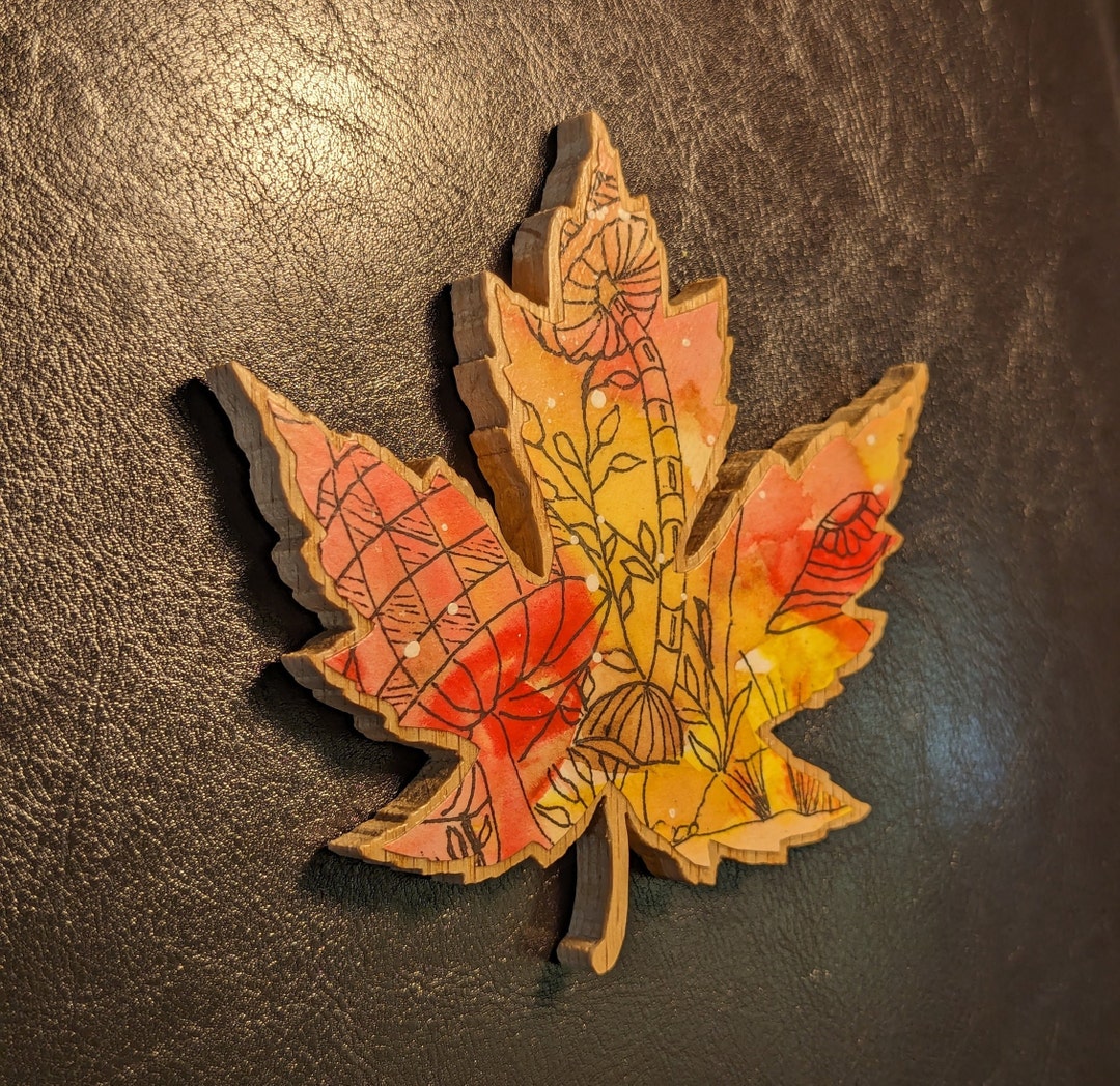 Maple Leaf Magnet in Solid Oak, Decoupaged in Original Art - Etsy
