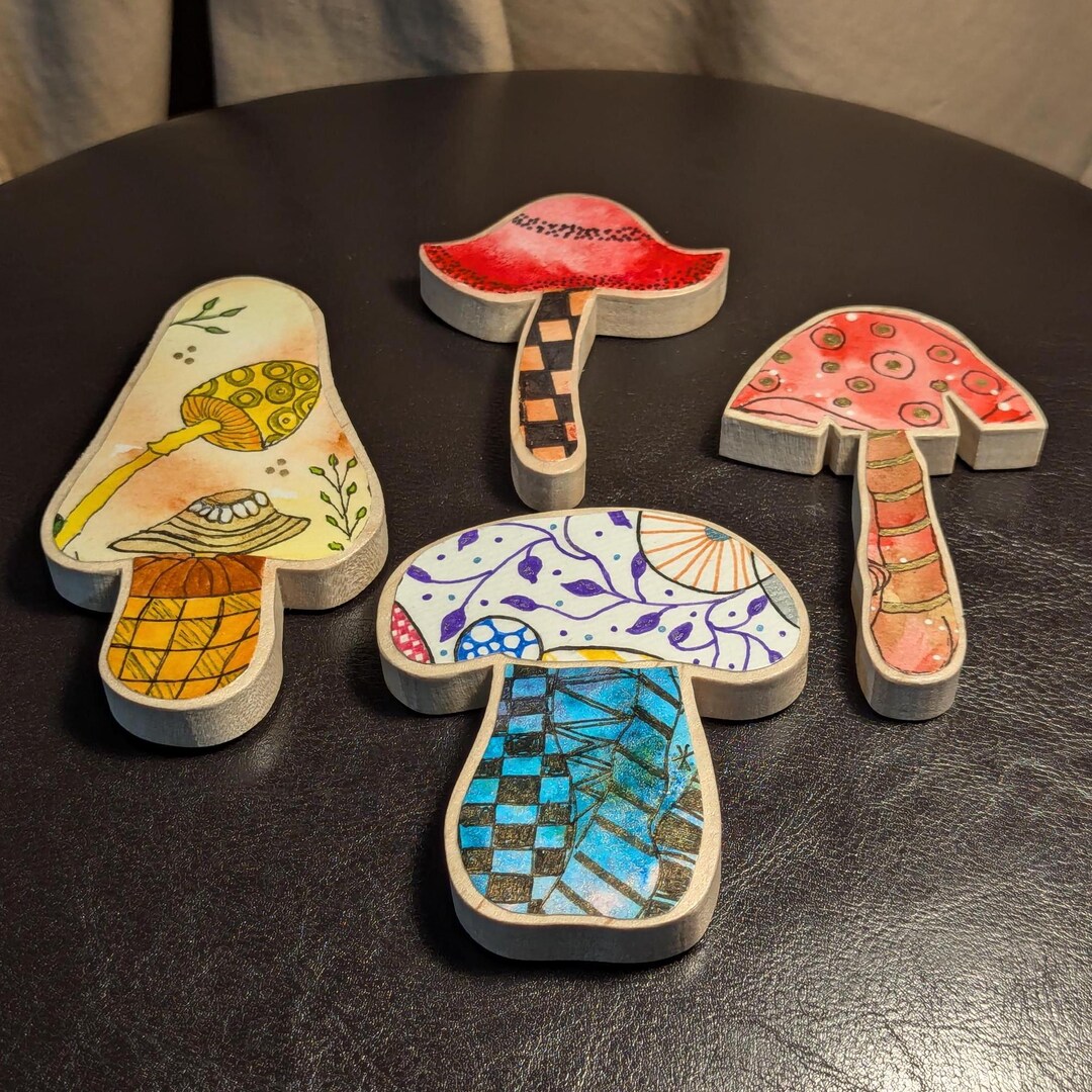 Mushroom Magnets in Solid Maple - Decoupaged in Original Art - Set of 4 ...