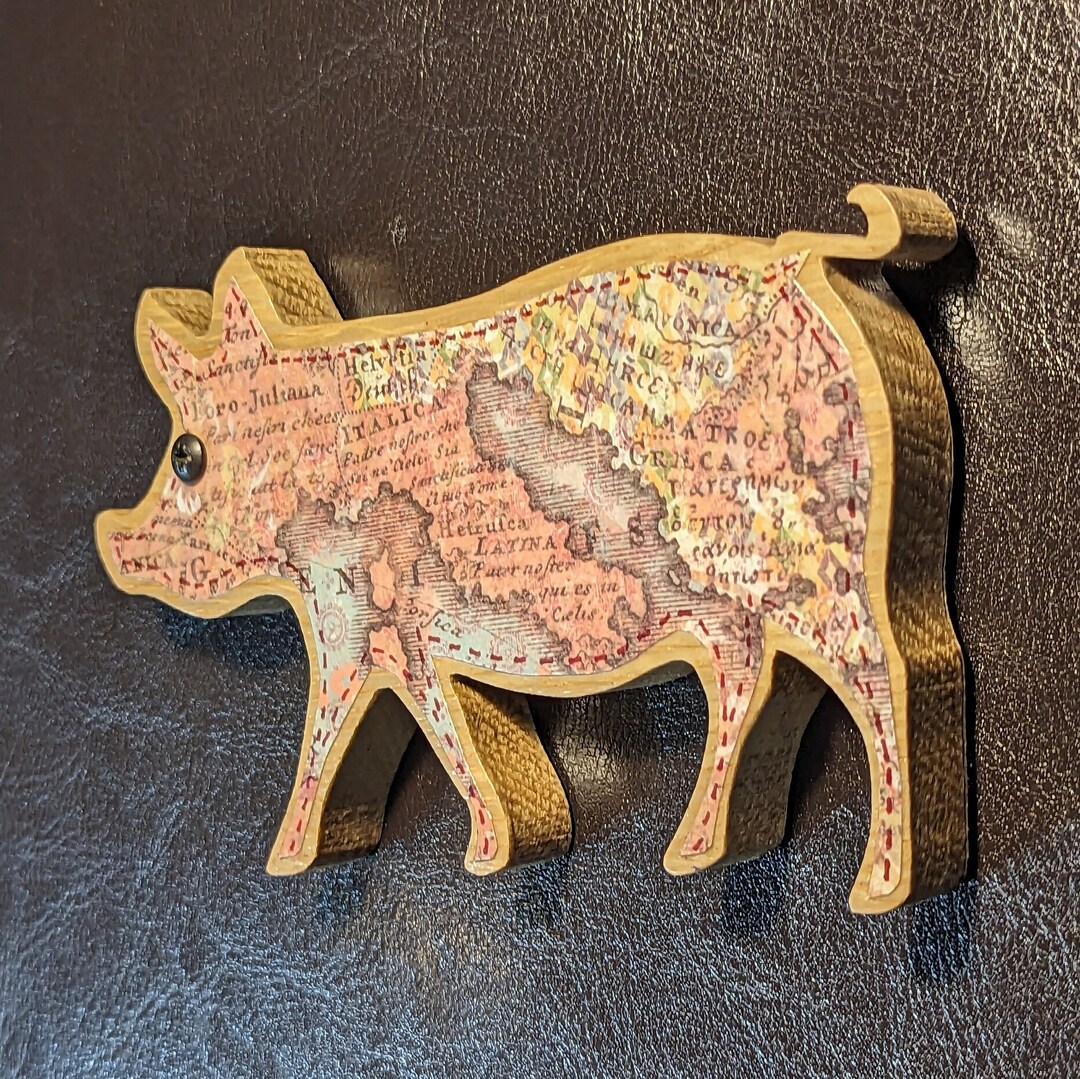 Pig Magnet in Solid Oak, Decoupage in a Mediterranean Theme - Etsy