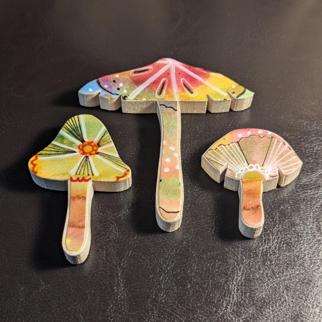 Mushroom Magnets in Solid Maple - Decoupaged in Original Art - Set of 3 ...