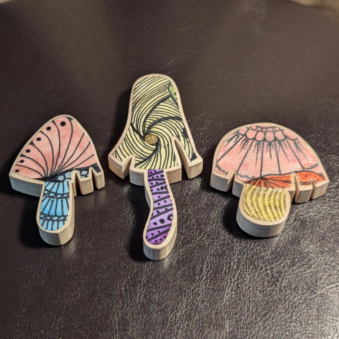 Mushroom Magnets in Solid Maple - Decoupaged in Original Art - Set of 3 ...