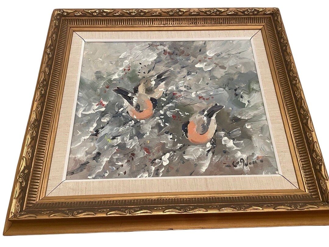 Vintage Swedish Robin Painting Signed Oil Painting on Canvas in Gold ...