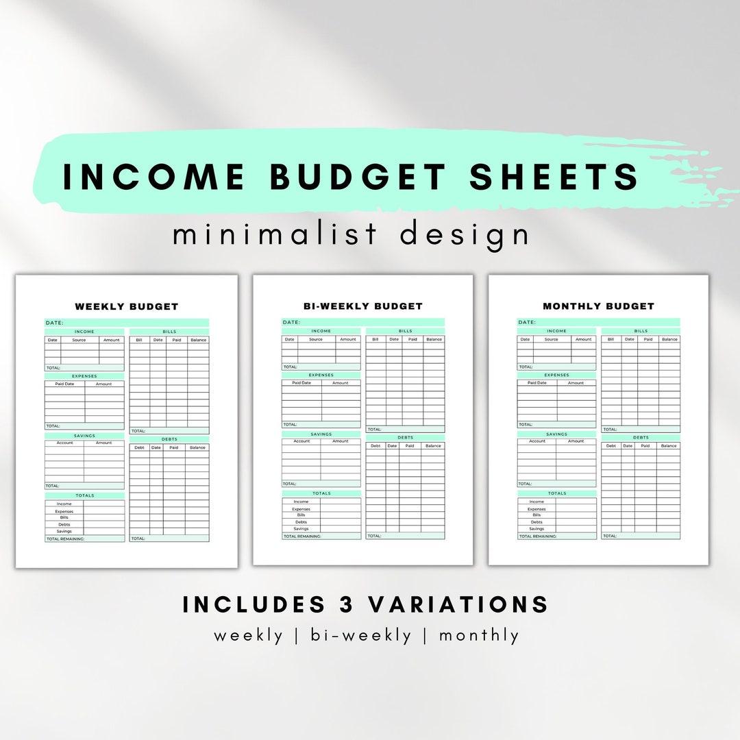 Income and Expense Budgeting Sheets, Minimalist Design, Simple Layout ...