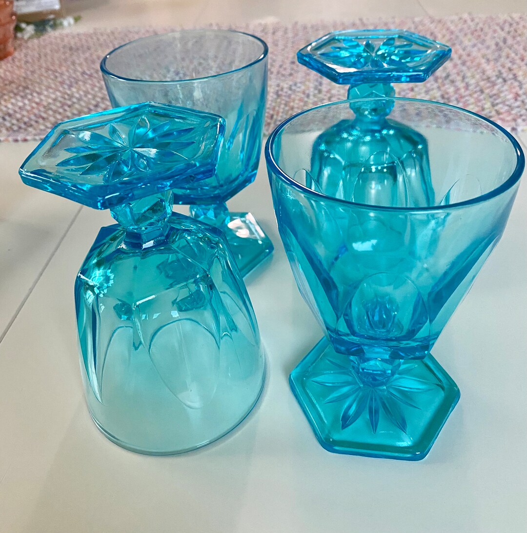 Vintage Aqua Hazel Atlas Capri Blue Glass Goblets Sunburst Base Indiana ...