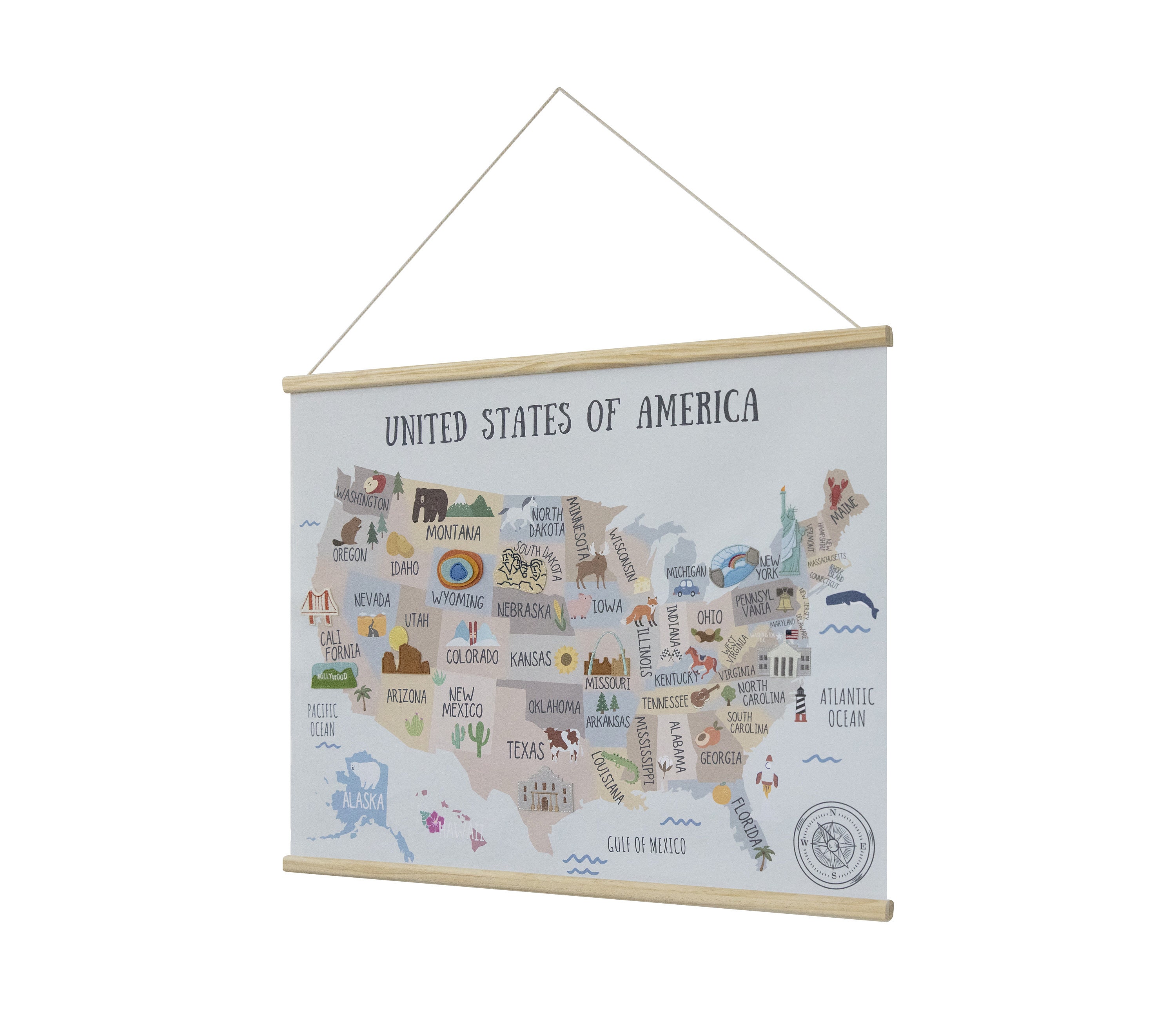 32 X 24 Inch Embroidered USA Map Poster for Kids With Wood Hanger ...