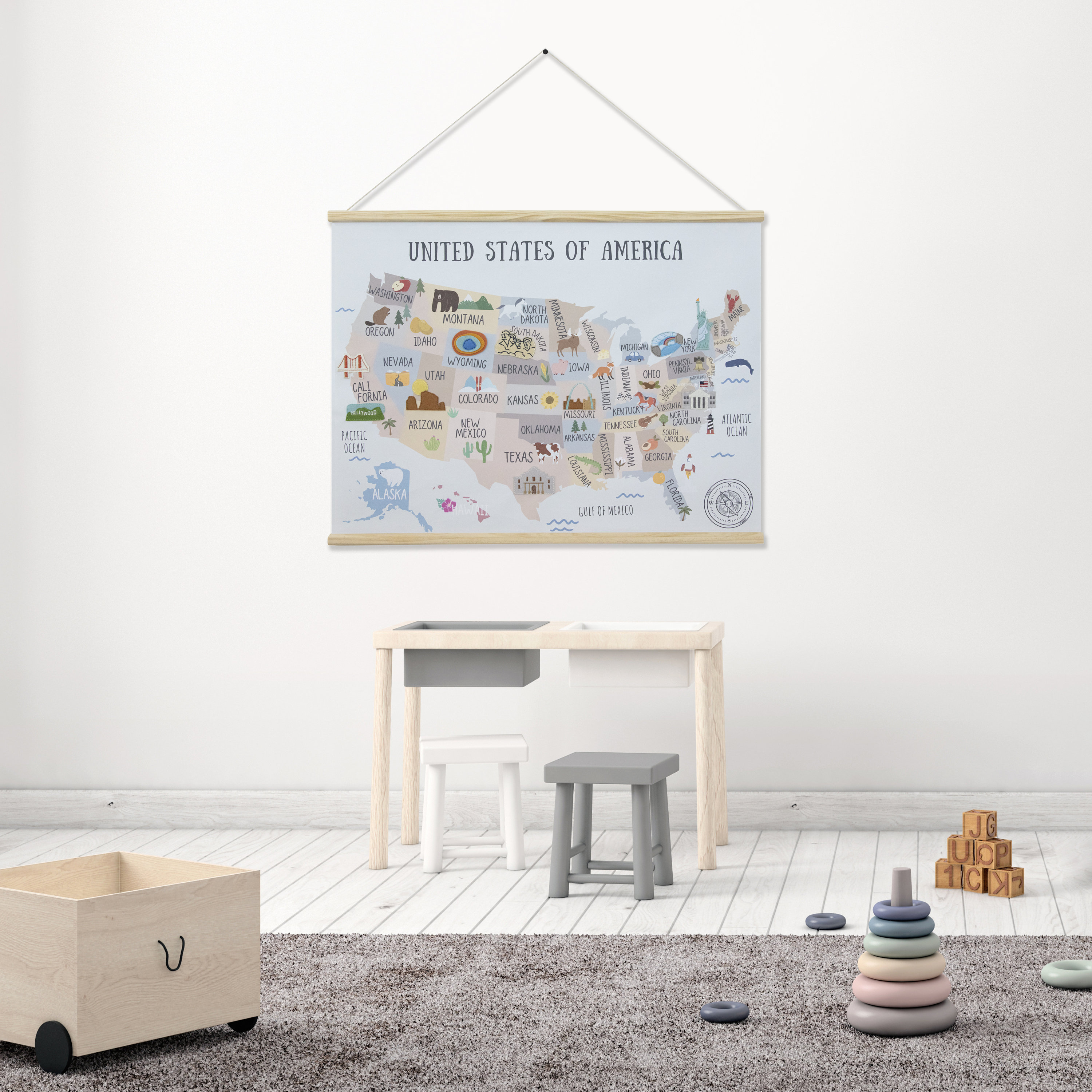 32 X 24 Inch Embroidered USA Map Poster for Kids With Wood Hanger ...