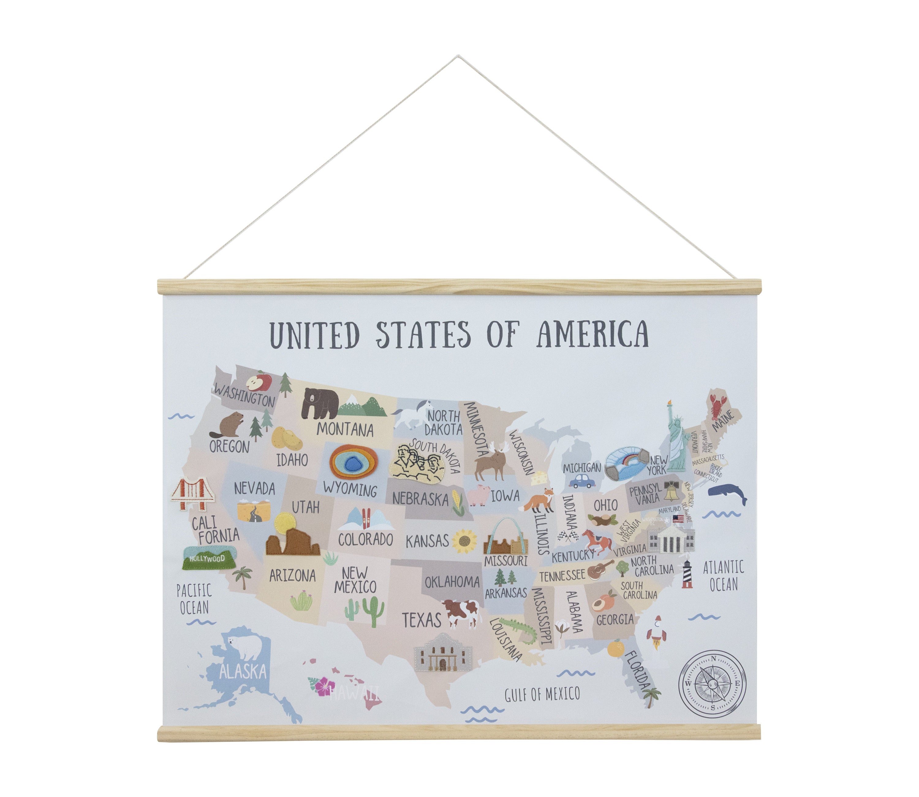 32 X 24 Inch Embroidered USA Map Poster for Kids With Wood Hanger ...