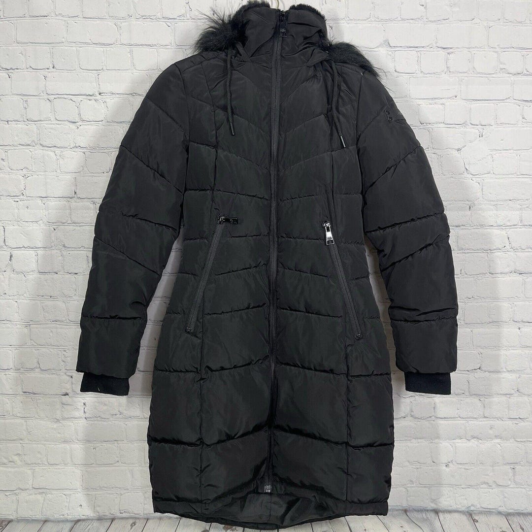 Karl Lagerfeld Paris Puffer Coat Women XS Black Fur Trim Hooded Long ...