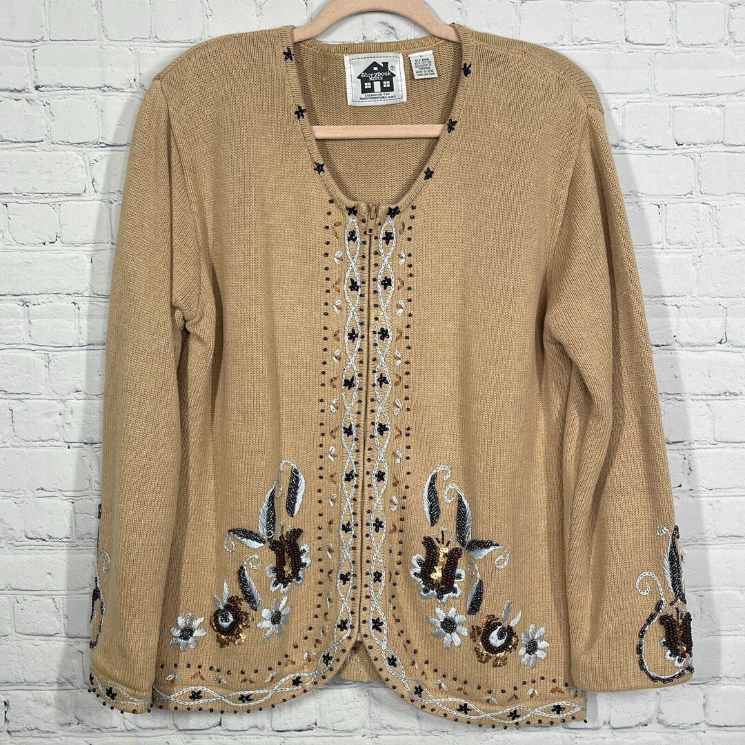 Vtg Storybook Knits Cardigan Women Large Tan Beaded Artsy Teacher ...