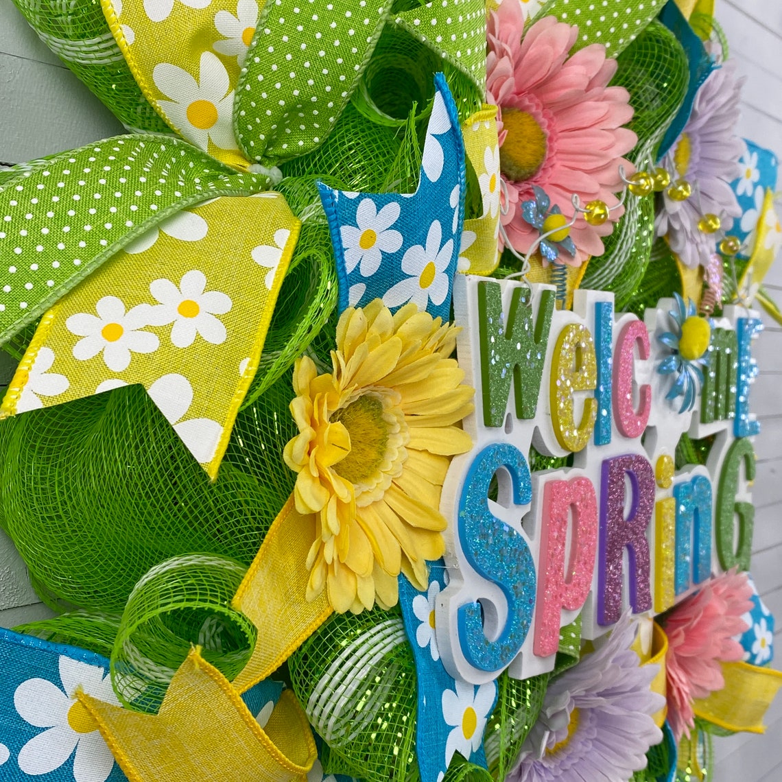 Welcome Spring Mesh Wreath for Front Door, Spring Wreath, Green Wreath ...