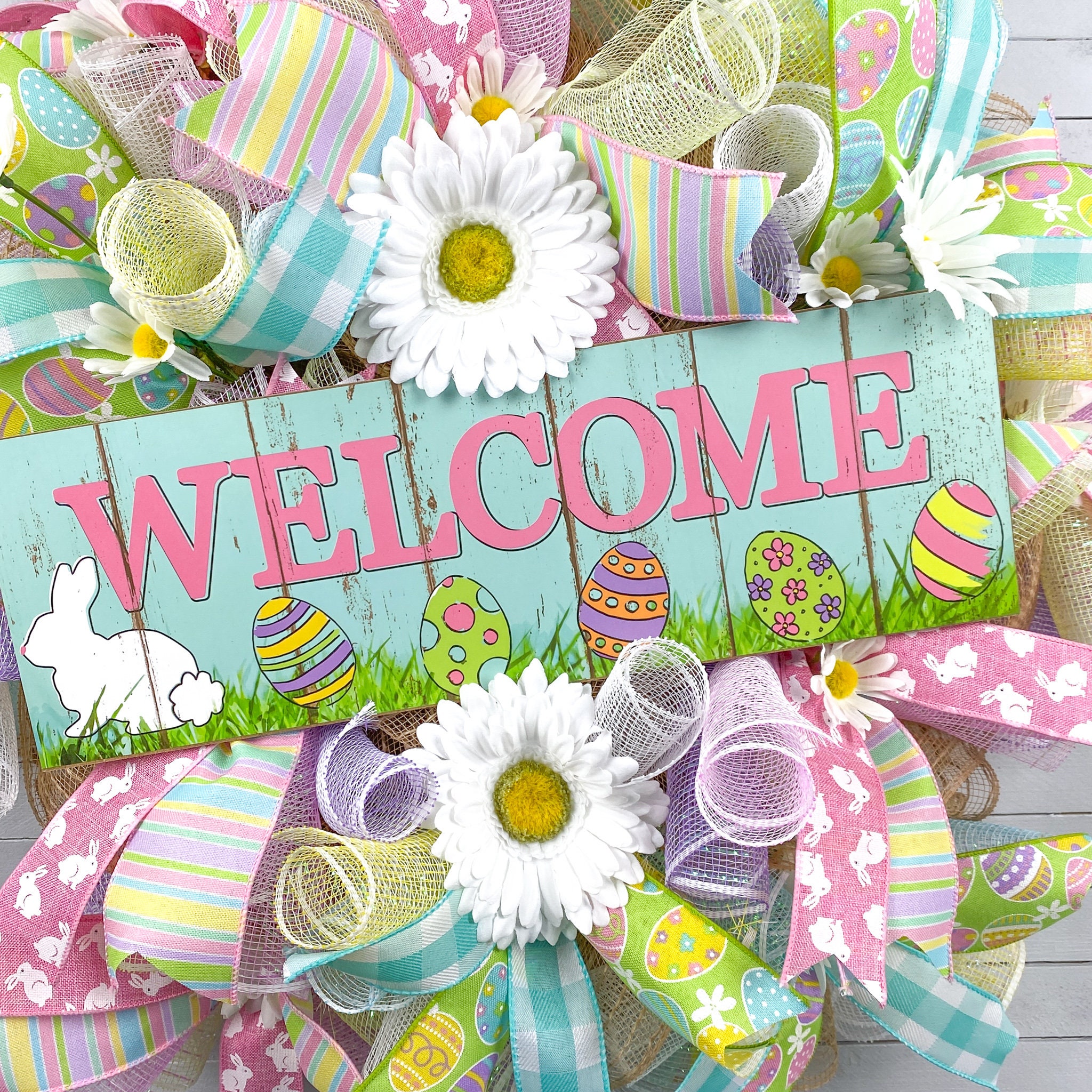 Rustic Welcome Easter Spring Wreath With Daisies for Front - Etsy