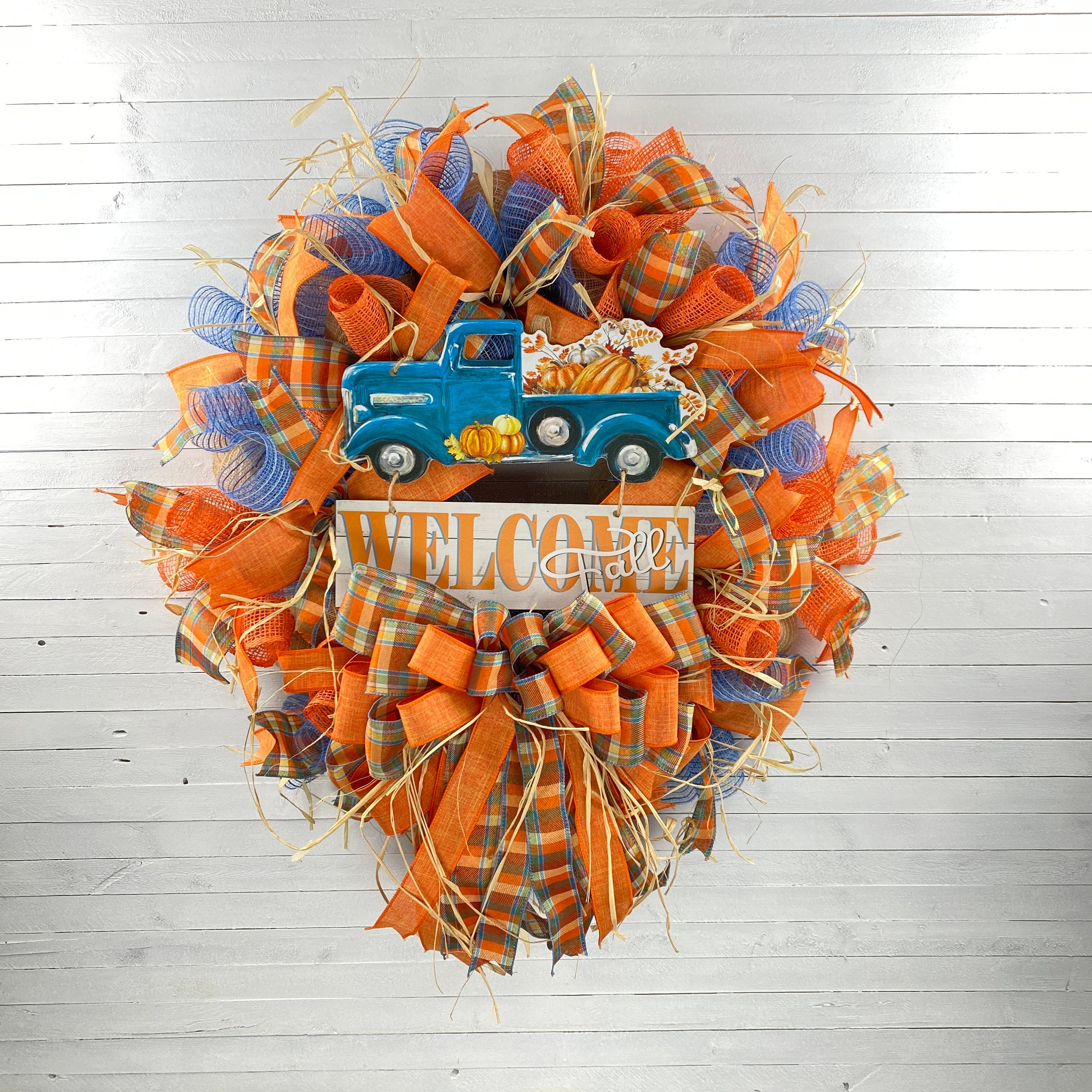 Orange and Turquoise Welcom Fall Truck Wreath for Front Door or Indoor ...