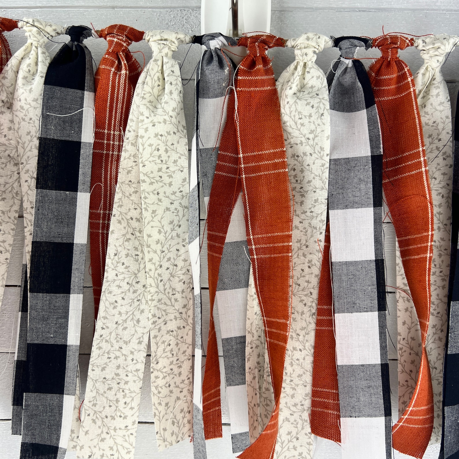 Farmhouse Fall Rag Tie Garland, Orange and Buffalo Check Fabric Tie ...