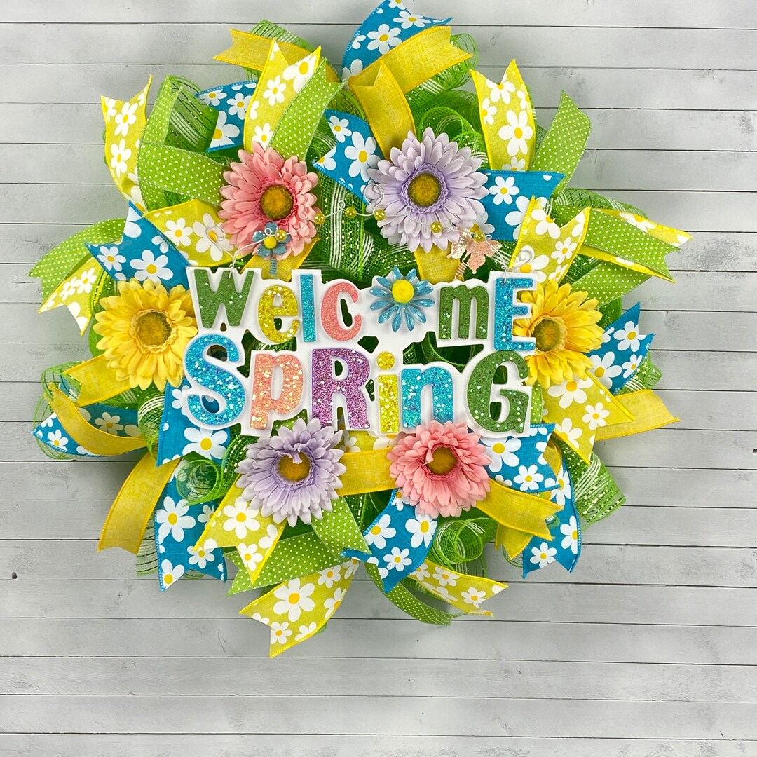 Welcome Spring Mesh Wreath for Front Door, Spring Wreath, Green Wreath ...
