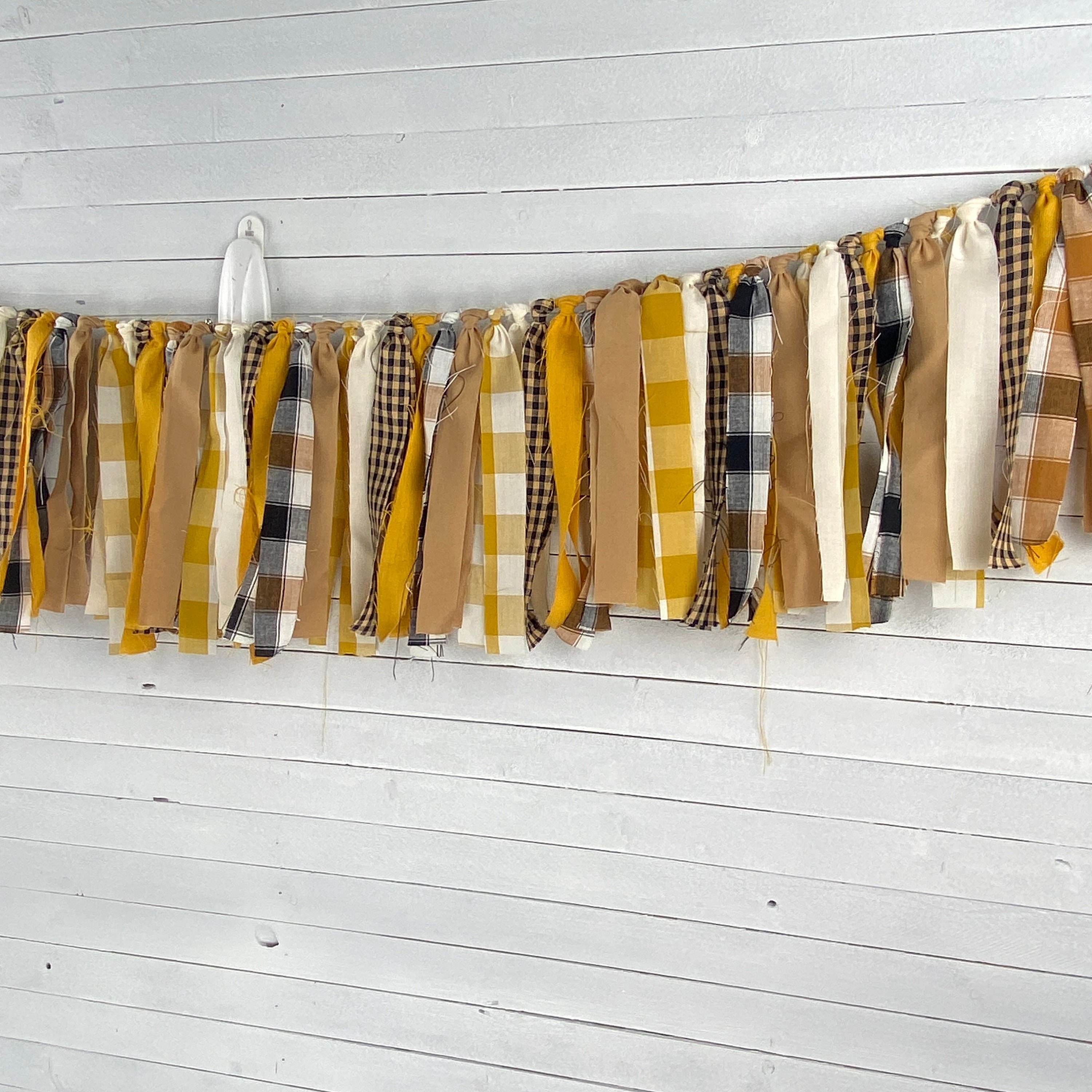 Farmhouse Fall Rag Tie Garland, Yellow Fabric Tie Garland, Rustic ...