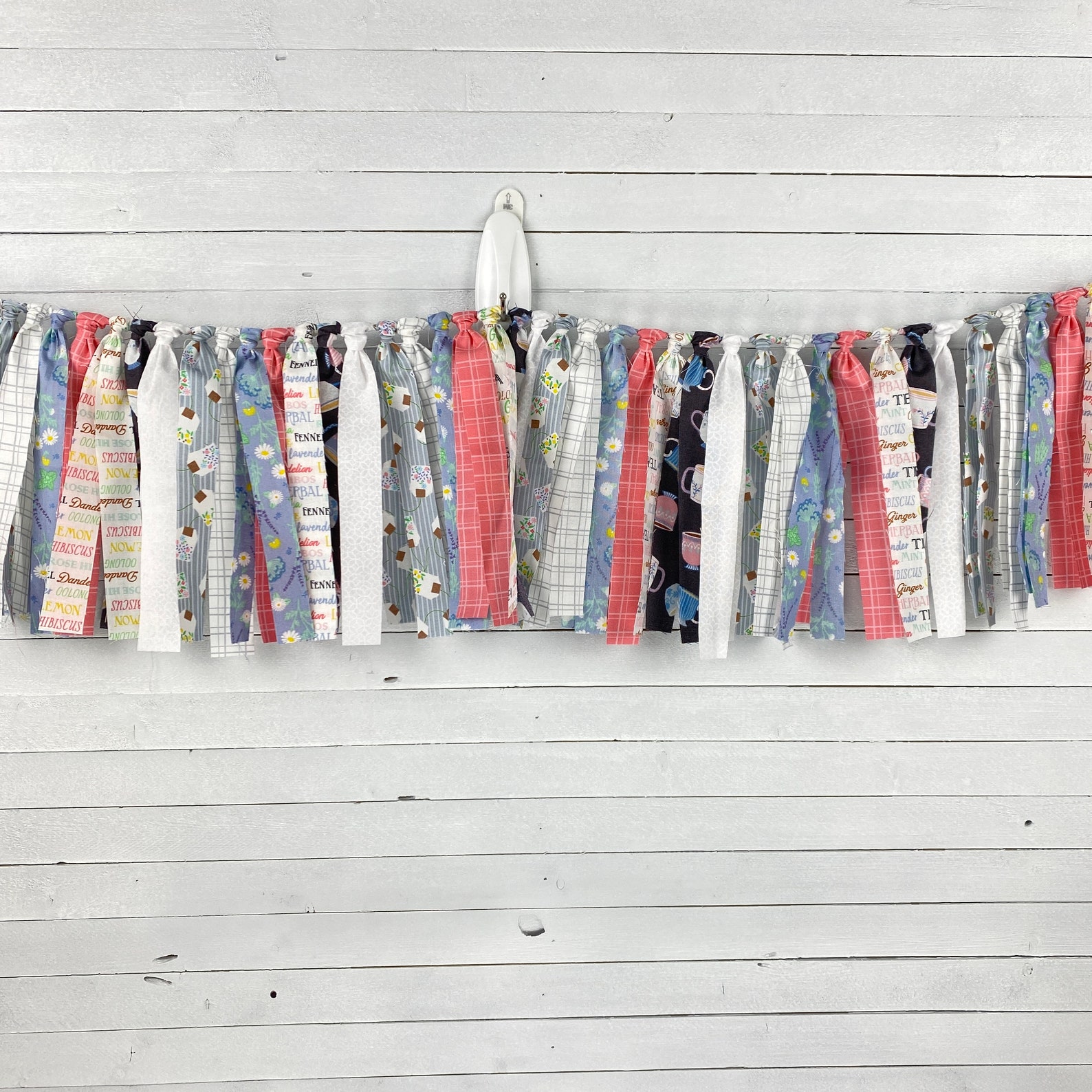 Tea Time Rag Tie Garland, Fabric Tie Garland, Mantle Garland, Tea Party ...
