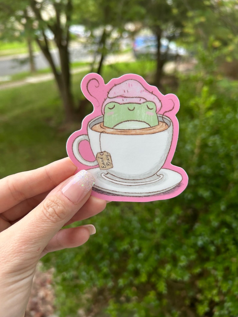 Charming Cartoon Frog in Tea Cup Sticker | Cute Frog With Pink ...