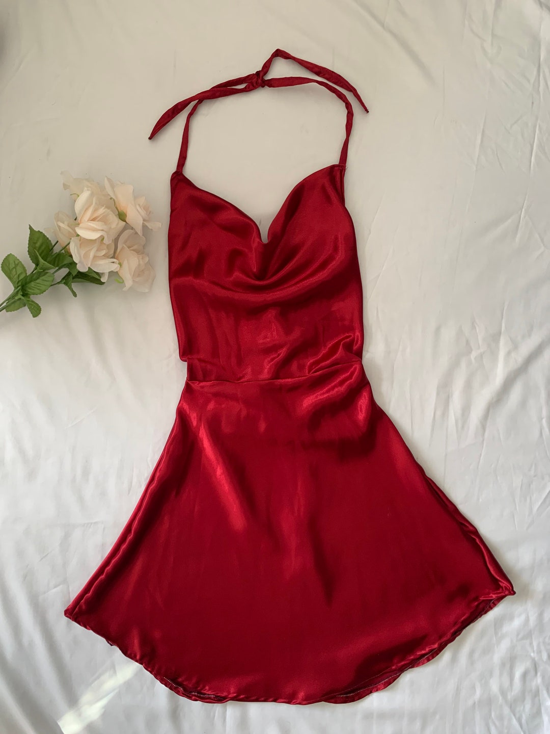 Dark Red Satin Mini Cowl Neck Dress, Open Back - Etsy