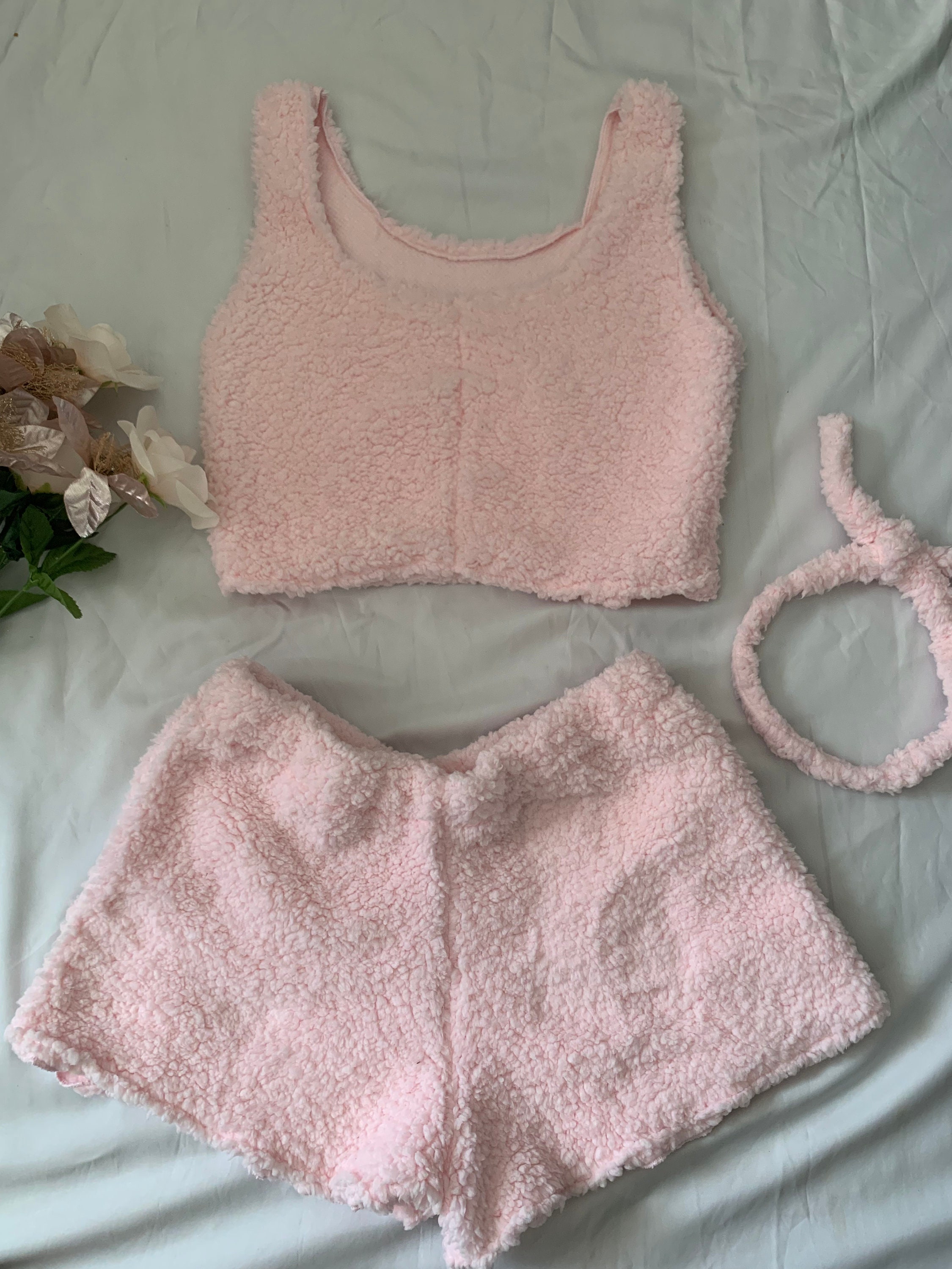 Pink Fuzzy Fleece Pajama Shorts Set, Women’s Lounge Wear - Etsy