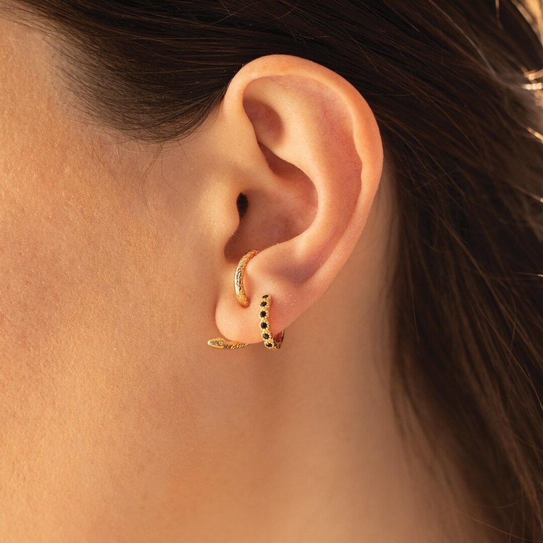 Gold Snake Huggie Hoop Earring Set: Black Onyx Serpent Stacking ...