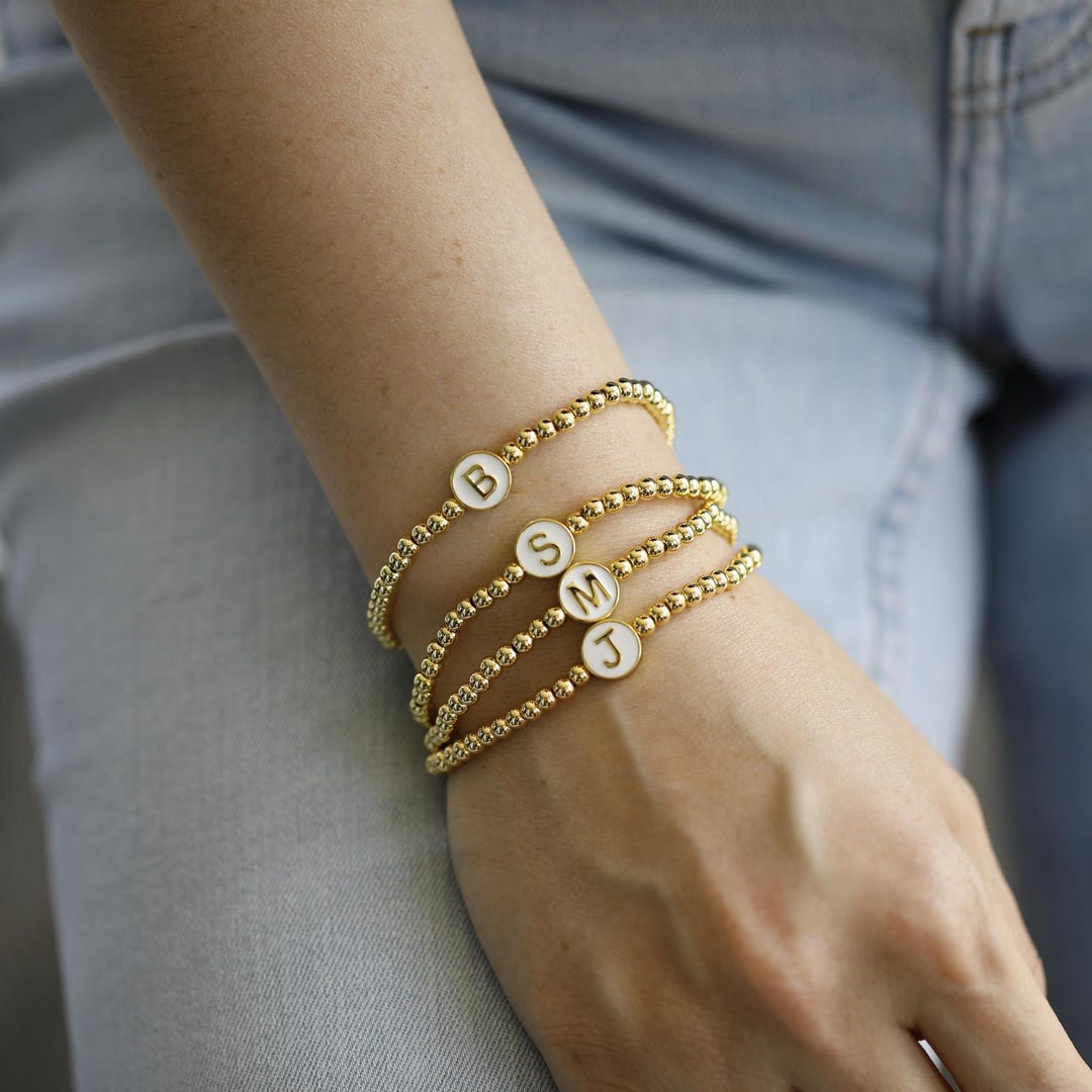 Gold Initial Bead Bracelet: Personalized Stacking Stretch Bracelet - Etsy