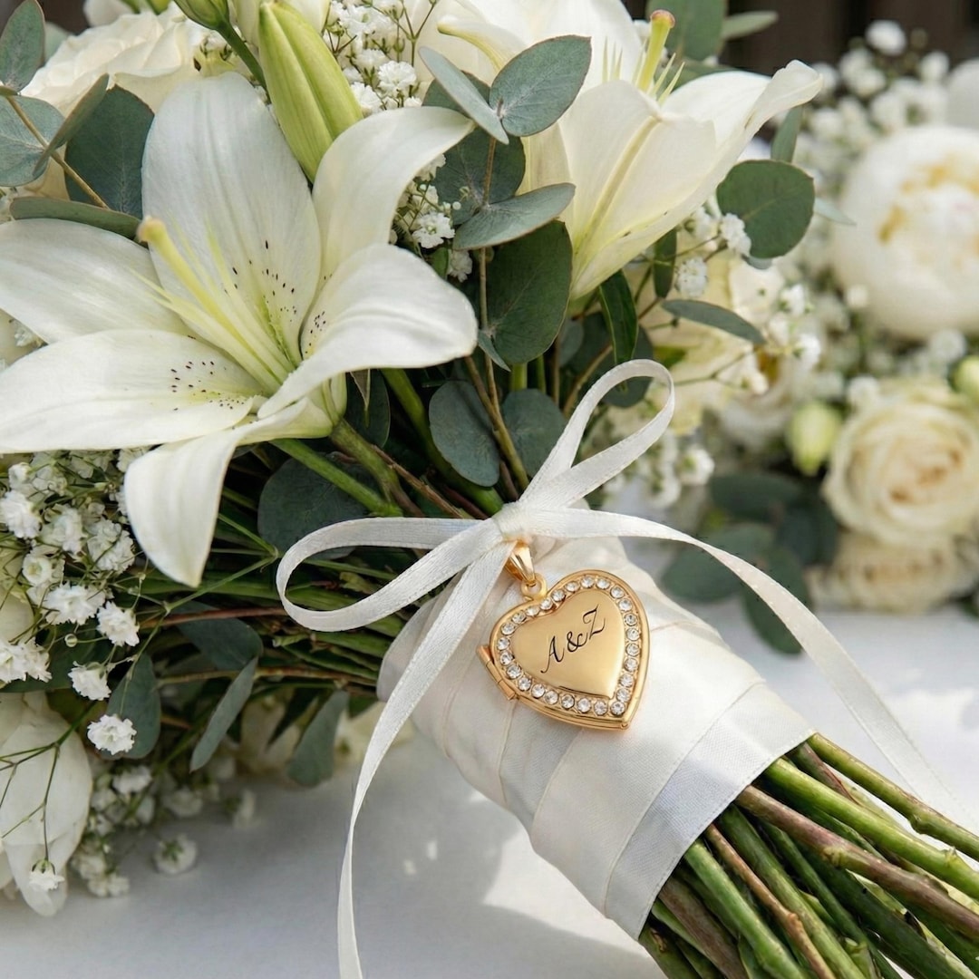 Bridal Bouquet Charms – Custom Birth Flower Engraved Heart Locket With ...
