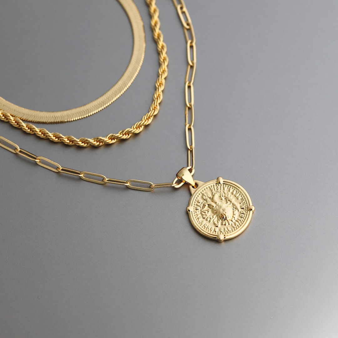 Layered Necklace Set of 3 Medallion Pendant 14k Gold Plated Necklace ...
