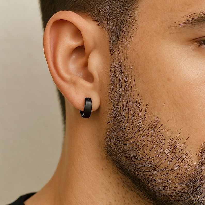 Men’s Hoop Earrings Silver, Gold, Black - Stainless Steel Huggie Hoops ...
